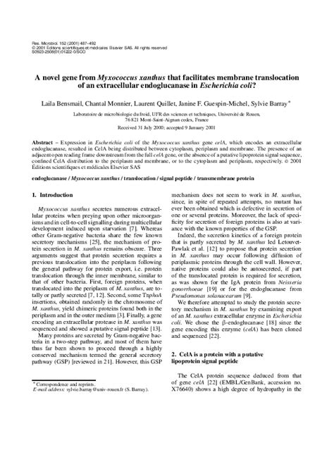 Pdf A Novel Gene From Myxococcus Xanthus That Facilitates Membrane Translocation Of An