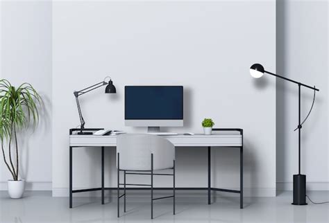 책상과 데스크탑 컴퓨터를 갖춘 현대적인 거실 작업 공간 프리미엄 Psd 파일