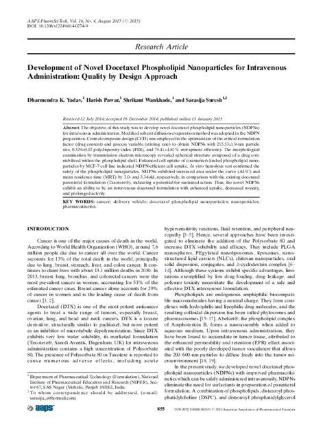 Pdf Docetaxel Phospholipid Nanoparticles Qbd Approach