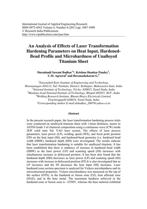 Pdf An Analysis Of Effects Of Laser Transformation Hardening Parameters On Heat Input