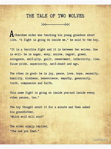 The Two Wolves Cherokee Proverb Tale Poster For Sale By Laziniarts