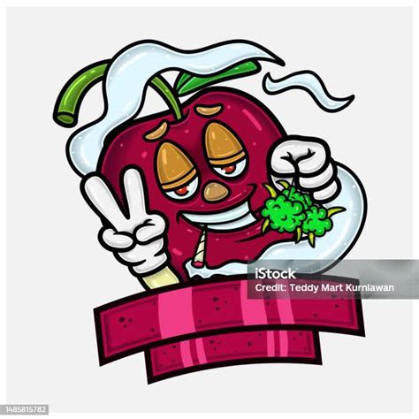 체리 과일 마스코트 만화 캐릭터는 잡초 꽃봉오리 흡연 및 빈 표지판 라벨이 있습니다 건강관리와 의술에 대한 스톡 벡터 아트 및