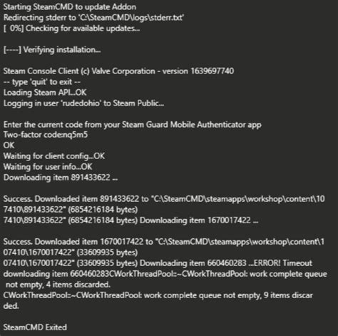 BUG Semi Resolved Steam CMD Times Out When Trying To Download Workshop Mods Issue
