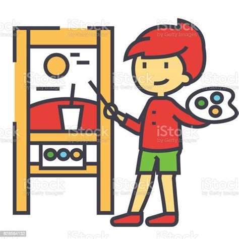 캔버스 페인트 예술 단원 개념에 아이 그림 그림 선 벡터 아이콘입니다 편집 가능한 선입니다 흰색 배경에 고립 된 평면 선형 삽화 놀기에 대한 스톡 벡터 아트 및 기타 이미지