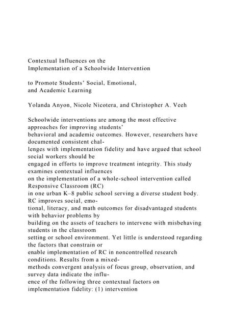 Contextual Influences On The Implementation Of A Schoolwide Docx
