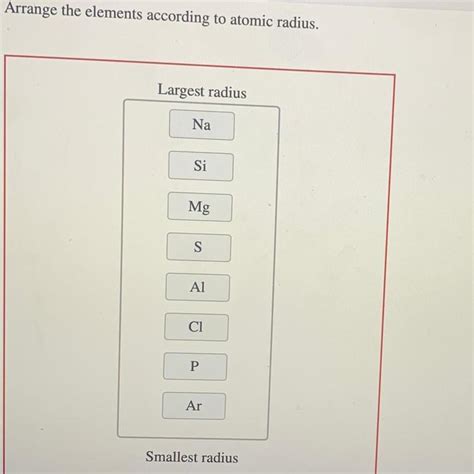 [FREE] Arrange the elements according to atomic radius. Largest radius Na Si Mg S Al CI P Ar ...