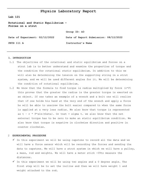 Rotational And Static Equilibrium Forces On A Strut Lab A Physics Laboratory Report