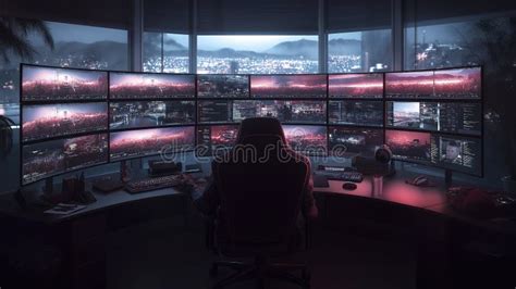 Immersive Night Scene Of A Tech Enthusiast Navigating Multiple Screens In A Modern Workspace