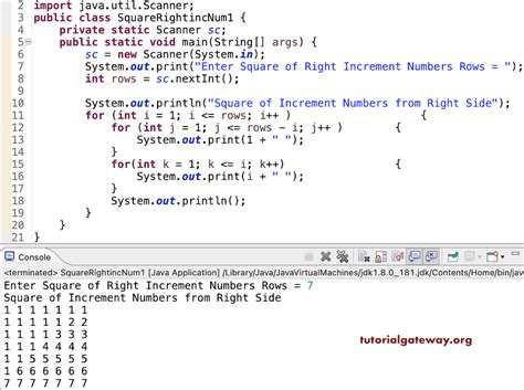 Java Program To Print Square Of Right Increment Numbers Pattern