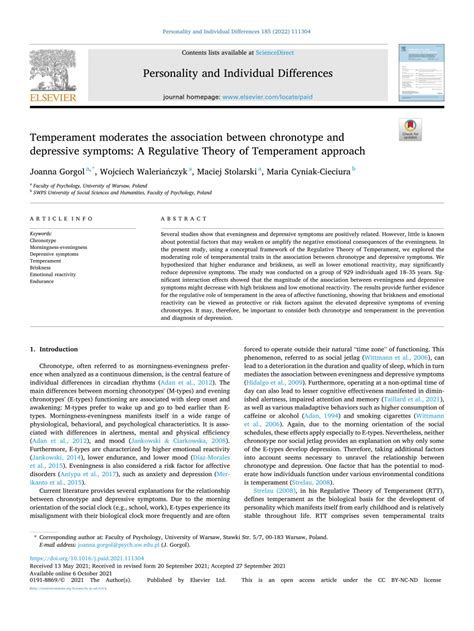 Pdf Temperament Moderates The Association Between Chronotype And Depressive Symptoms A