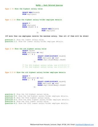 DBMS 6 MySQL Practice List Rank Related Queries PDF