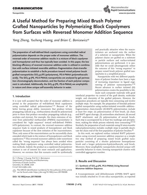 Pdf A Useful Method For Preparing Mixed Brush Polymer Grafted Nanoparticles By Polymerizing