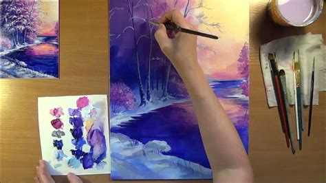 Как нарисовать зимний пейзаж Рисуем зиму Рисуем зимний закат Акрил Youtube