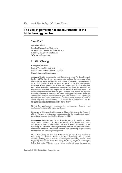 Pdf The Use Of Performance Measurements In The Biotechnology Sector