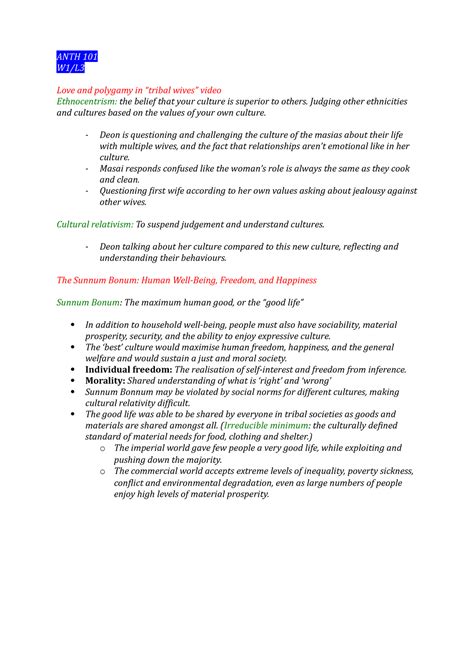 Anth 101 Lecture Notes 3 25 Anth 101 W1 L Love And Polygamy In