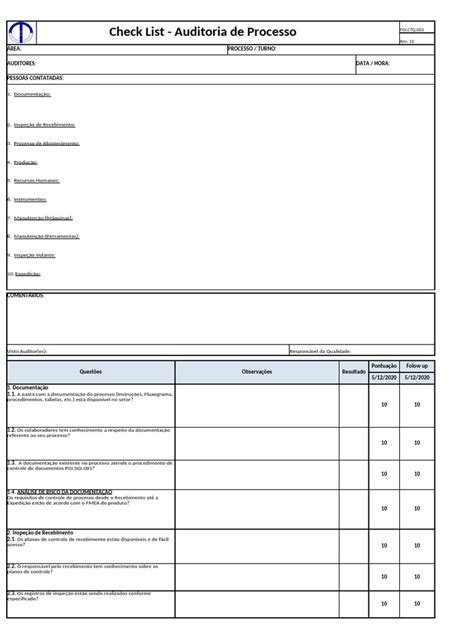 Auditoria De Processos Check List Completo Pdf Gestão De Recursos