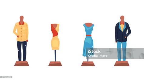 마네킹에 4 개의 다른 남녀 의류 세트 짧고 긴 우아한 디자인 드레스와 정장 컬렉션의 2 종류 플랫 스타일 벡터 일러스트레이션 마네킹에 대한 스톡 벡터 아트 및 기타 이미지