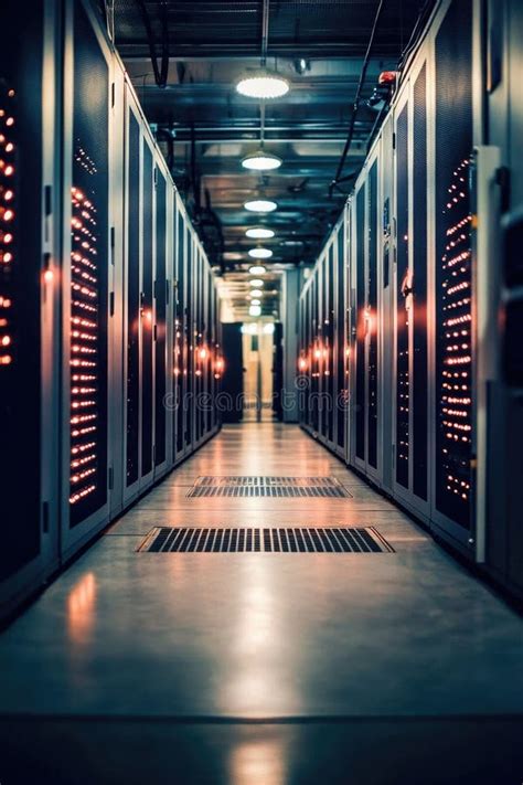 modern data center server room with led lights and advanced networking