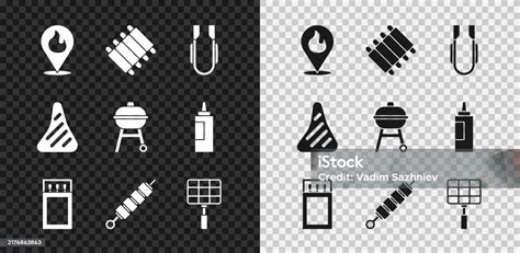 불 불꽃 구운 돼지 고기 바베큐 갈비 고기 집게 성냥갑 및 성냥 시시 케밥 바베큐 강철 그리드 스테이크 고기 및 그릴 아이콘으로 위치를 설정합니다 벡터 가연성에 대한 스톡