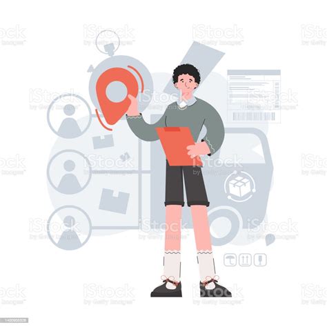 한 남자가 완전히 성장하여 그의 손에 항해 표지판을 들고 있습니다 배달 프리젠 테이션 사이트를위한 요소 Brand Name Smart Phone에 대한 스톡 벡터 아트 및