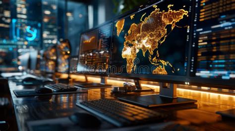 A Futuristic Office With A Computer Displaying A World Map Showing