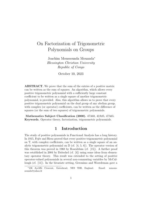 Pdf On Factorization Of Trigonometric Polynomials On Groups