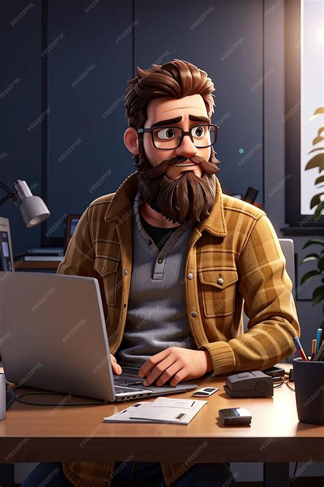 Premium Ai Image Bearded Guy Sitting In Front Of Laptop Man Work On Computer Freelancer 3d
