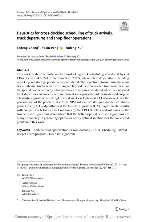 Heuristics For Cross Docking Scheduling Of Truck Arrivals Truck Departures And Shop Floor