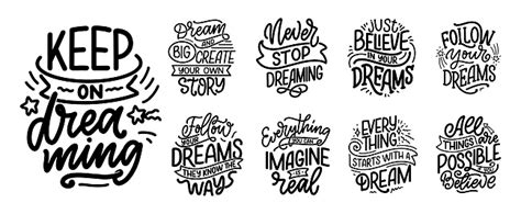 꿈에 대한 영감 따옴표로 설정합니다 손으로 그린 빈티지 일러스트와 글자 티셔츠와 가방 고정 또는 포스터에 인쇄를 그리기 개념에