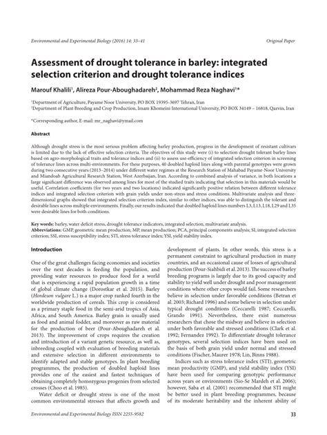 Pdf Assessment Of Drought Tolerance In Barley Integrated Selection Criterion And Drought