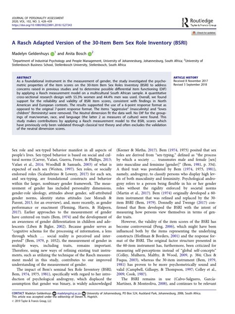 Adapted Version Of The 30 Item Bem Sex Role Inventory Bsri Pdf Gender Gender Studies Adapted Version Of The 30 Item Bem Sex Role Inventory Bsri Pdf Gender Gender Studies