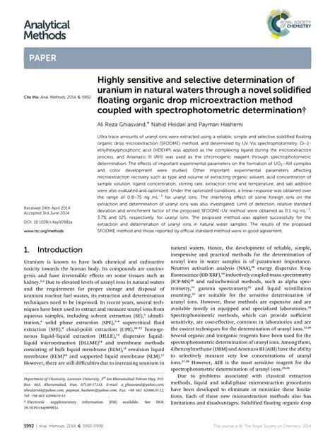 Pdf Highly Sensitive And Selective Determination Of Uranium In Natural Waters Through A Novel