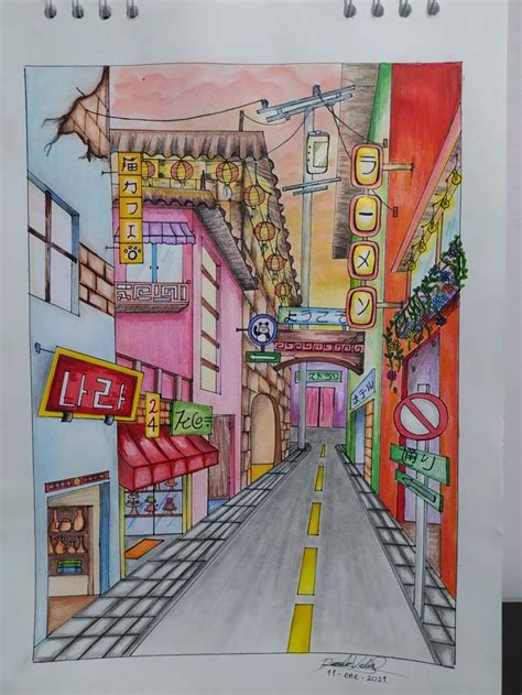 Una tarde en las calles de Japón Perspective drawing One perspective drawing Perspective art