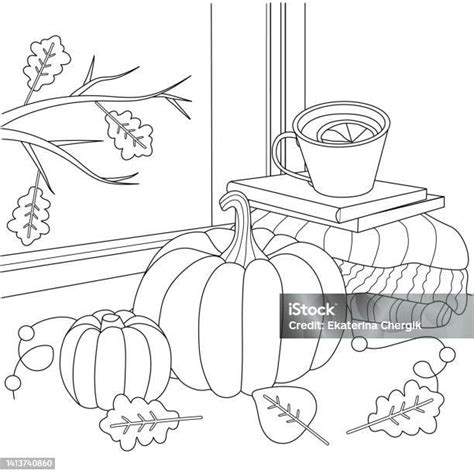 창문에 호박 차가있는 가을 색칠 공부 페이지 가을 계절의 그림 책에 머그잔 컬러링 북 페이지 일러스트레이션 기법에 대한 스톡 벡터 아트 및 기타 이미지 컬러링 북 페이지