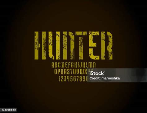 스텐실 그린 글꼴 압축 된 대담한 군사 알파벳 현대 기하학적 모듈 문자 및 숫자 벡터 일러스트 손상에 대한 스톡 벡터 아트 및 기타 이미지 Istock