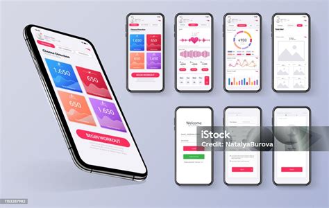 다른 Ui Ux Gui 화면 피트 니스 응용 프로그램 및 모바일 애플 리 케이 션을 위한 플랫 웹 아이콘 응답 웹 사이트를 포함 웹 디자인 및 모바일 템플릿입니다 레드