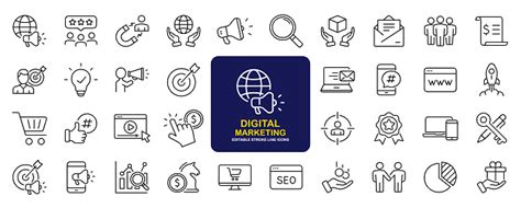 라인 스타일의 웹 아이콘의 디지털 마케팅 세트입니다 웹 및 모바일 앱을 위한 마케팅 아이콘입니다 커뮤니케이션 광고 전자 상거래 Seo 콘텐츠 제품 대상 고객 웹 사이트 소셜