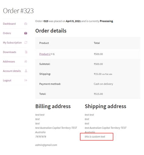Php Woocommerce Adding Custom Field Under Shipping Table My Account