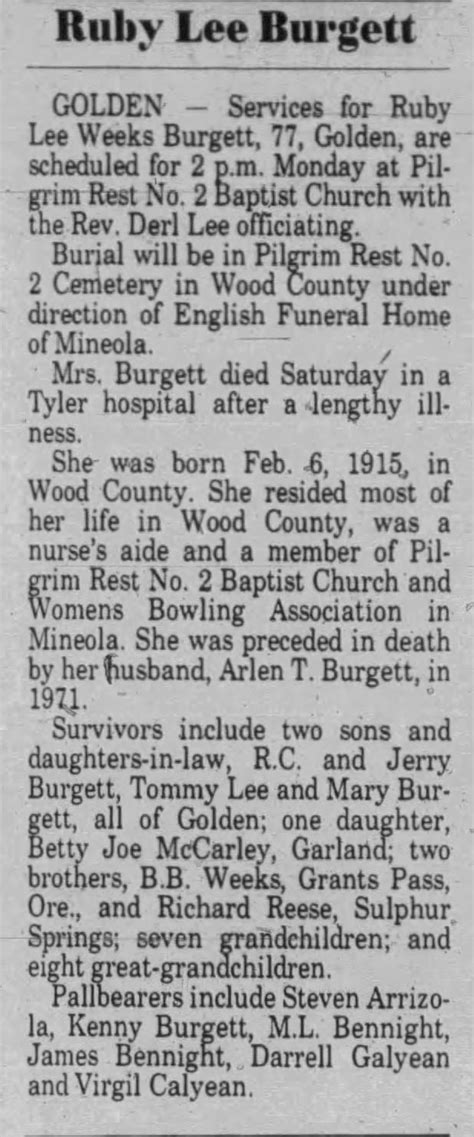 Ruby Lee Weeks Burgett 1915 1992 Find A Grave Memorial
