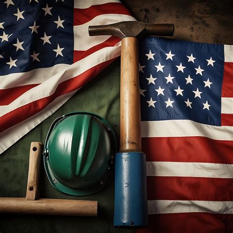 A Green Helmet And A Hammer With A Helmet Next To A Flag Premium Ai