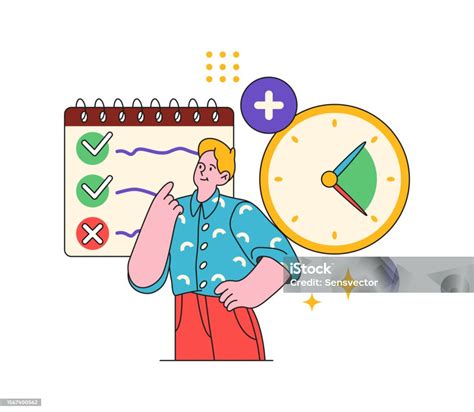 작업 효율성 및 생산성 도구 벡터 플랫 만화 캐릭터 약속 및 회의 일정이 있는 직원 남자 프로젝트 완료 마감일을 보여주는 시계