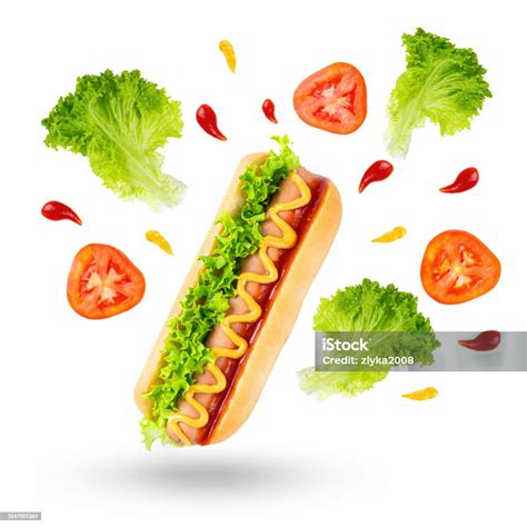 흰색 배경에 분리된 클래식 핫도그를 위한 비행 재료 패스트푸드 길거리 음식 개념 거리에 대한 스톡 사진 및 기타 이미지 거리 겨자 공중 부양 Istock
