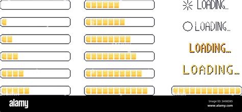 Pixel Art Loading Bar Interface 8 Bit Game Progress Button Elements Set And Text Waiting Signs