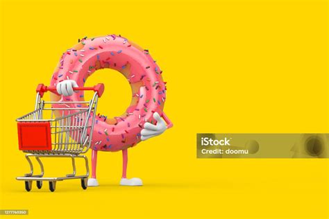 큰 딸기 핑크 글래즈 도넛 캐릭터 마스코트 쇼핑 카트 트롤리 3d 렌더링 고객에 대한 스톡 사진 및 기타 이미지 고객 구매