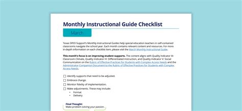 March Monthly Instructional Guide Checklist Texas Sped Support
