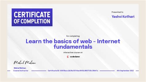 Yashvi Kotharis Certification For Learn The Basics Of Web Internet