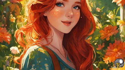 نقاشی دیجیتال دختر مو نارنجی با لباس گلدار فیلو