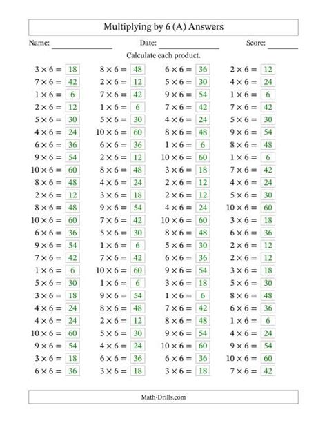 Horizontally Arranged Multiplying 1 To 10 By 6 100 Questions A