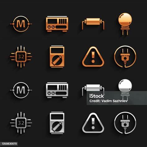 멀티미터 발광 다이오드 전기 플러그 느낌표 삼각형 마이크로회로 Cpu 저항기 전기 계획 및 전기 측정 기기 아이콘프로세서를 설정합니다 벡터 0명에 대한 스톡 벡터 아트 및