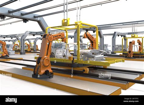 Automation Automobile Factory With 3d Rendering Robot Assembly Line Manufacture Ev Car Stock